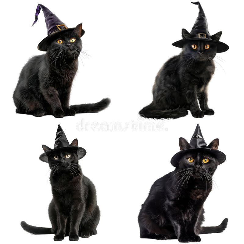 Four Black Cats Wearing Witch Hats Stock Photo - Illustration of animal ...