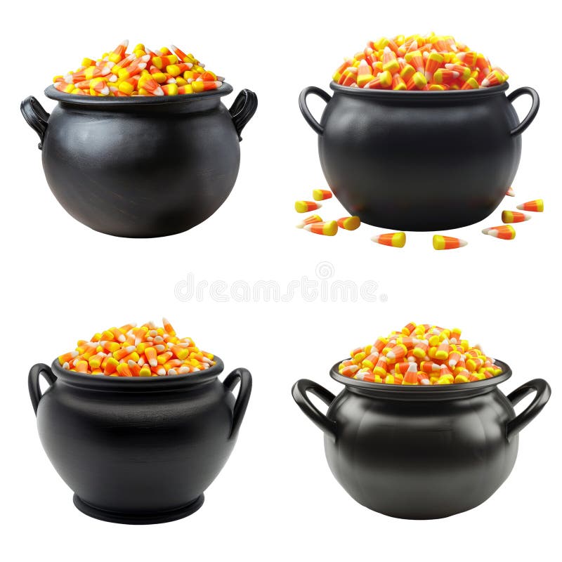 Four Black Cauldrons Filled with Candy Corn Stock Photo - Illustration ...