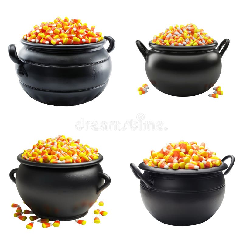 Four Black Cauldrons Filled with Candy Corn Stock Photo - Illustration ...