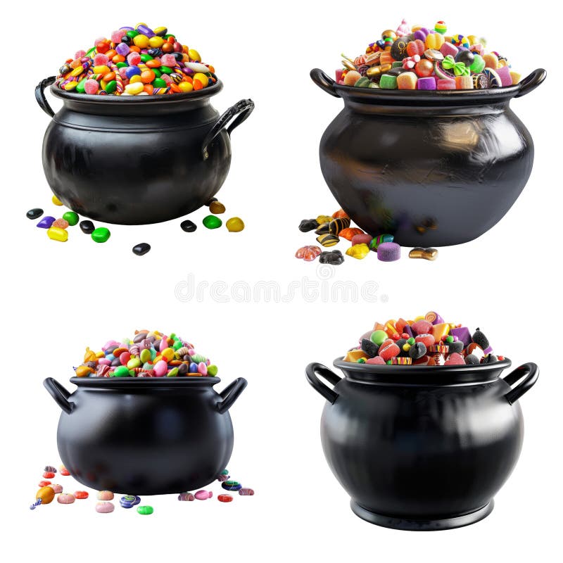 Four Black Cauldrons Overflowing with Colorful Candies Stock Photo ...