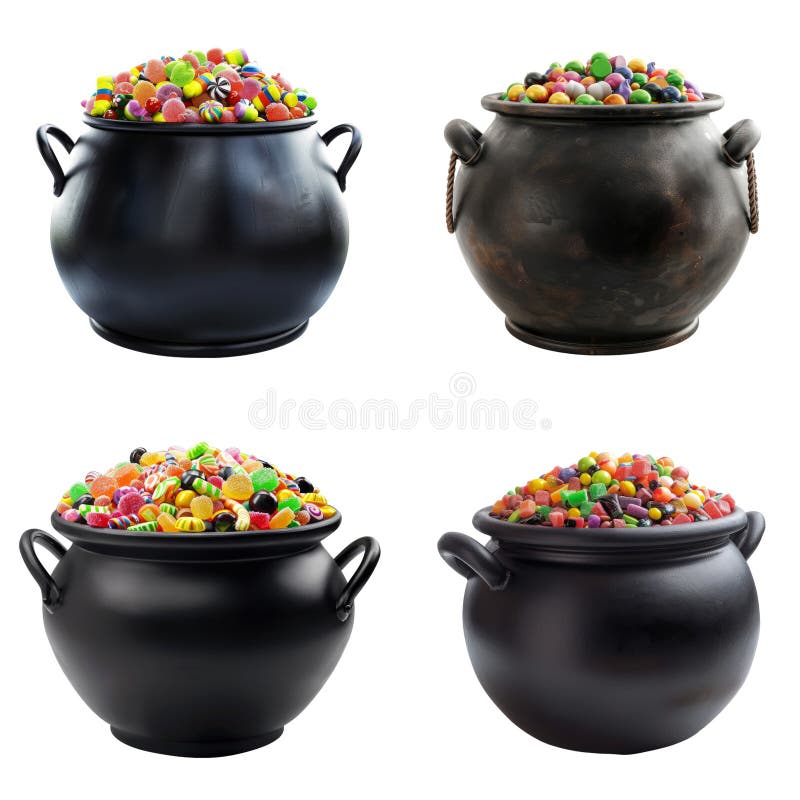 Four Black Cauldrons Overflowing with Colorful Candy Stock Image ...