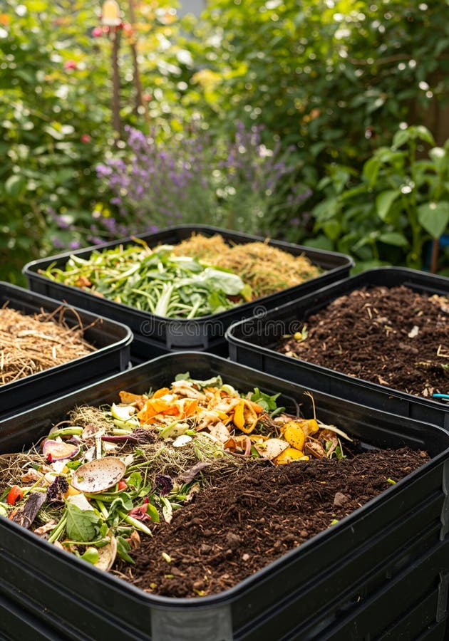 Four Black Compost Bins Filled with Organic Waste in a Garden Stock ...