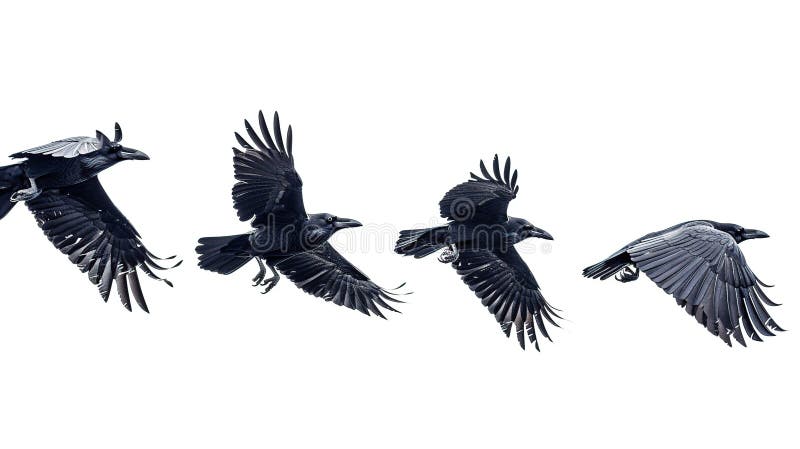 Four Black Crows in Flight, Isolated on a White Background. Stock ...