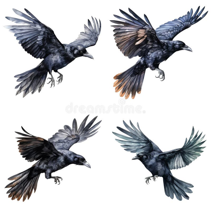 Four Black Crows in Flight with Spread Wings and Claws Out Stock Image ...