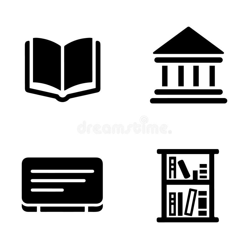 Four Black Icons Open Book Building Bookshelf and Document Stock Vector ...