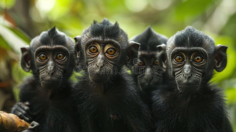 Four Black Monkeys with Large Eyes Looking Directly at the Camera Stock ...