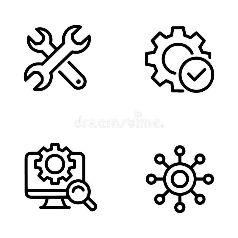 Four Black Outline Icons for Tools Settings and Analysis on White Background Keywords: Tools ...