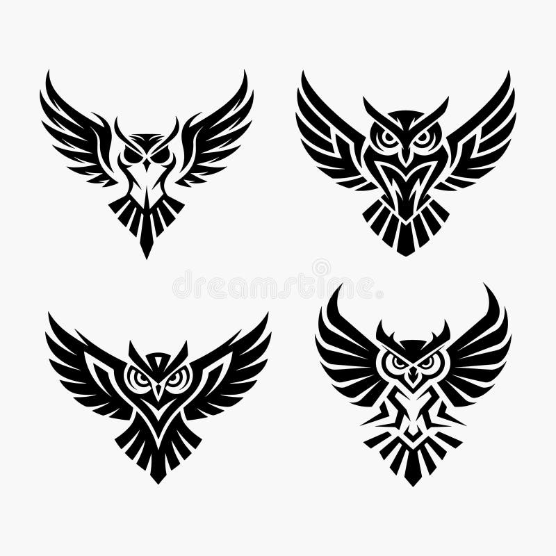 Four Black Owl Motifs for Tattoos and Designs Stock Illustration ...