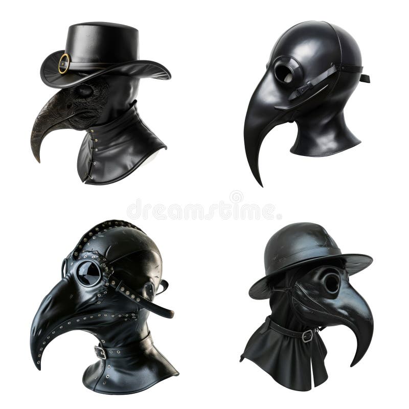 Four Black Plague Doctor Masks with Different Designs and Accessories ...