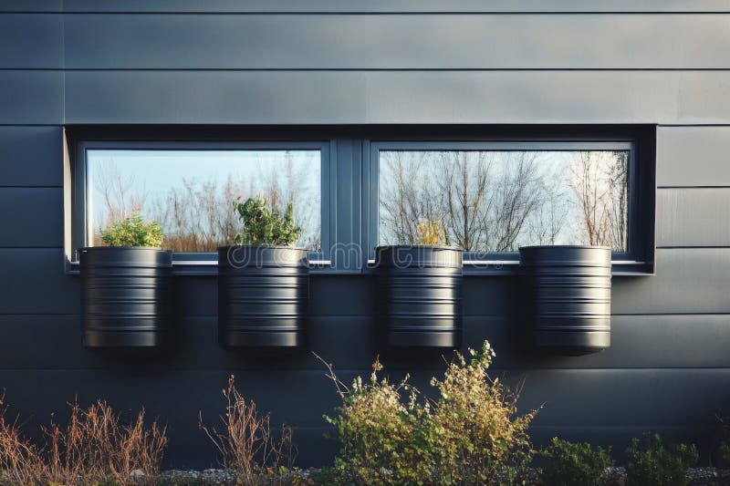Four Black Planters Mounted Below a Window on a Gray Building Stock ...
