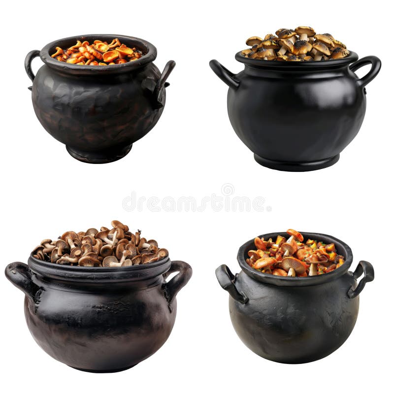 Four Black Pots Filled with Different Types of Mushrooms Stock Image ...
