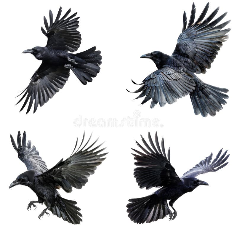 Four Black Ravens in Flight Stock Photo - Illustration of soaring ...