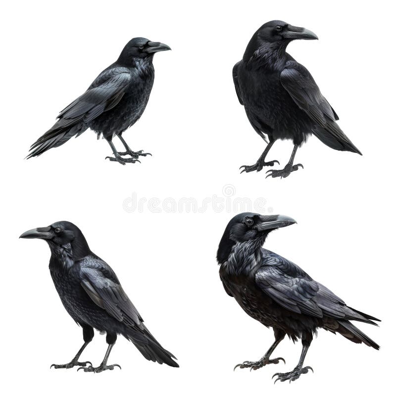 Four Black Ravens in Various Poses Stock Photo - Illustration of raven ...