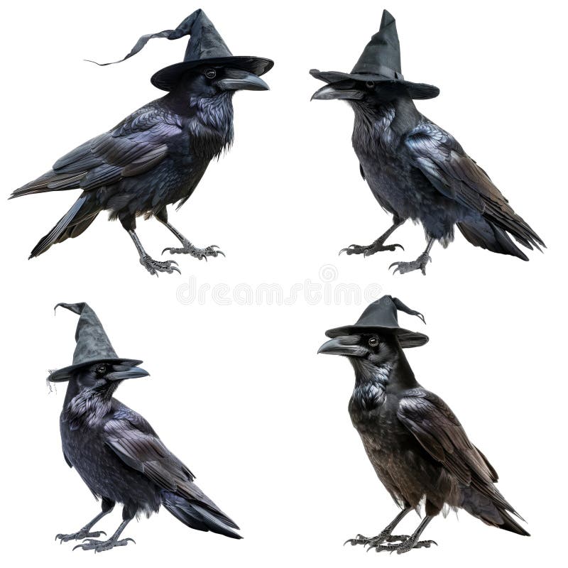 Four Black Ravens Wearing Witch Hats Stock Illustration - Illustration ...