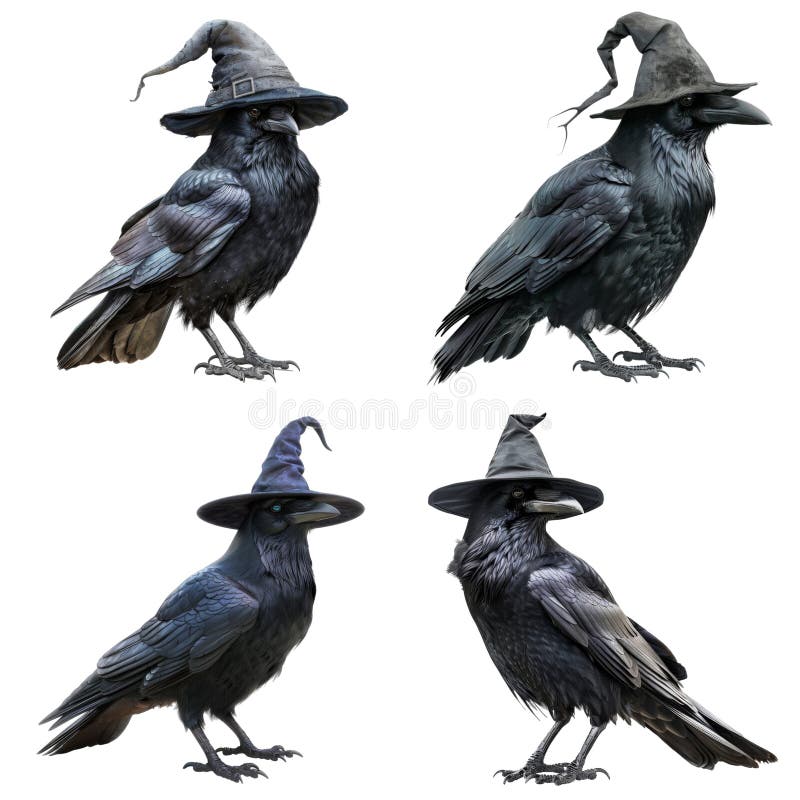 Four Black Ravens Wearing Witch Hats Stock Image - Illustration of ...