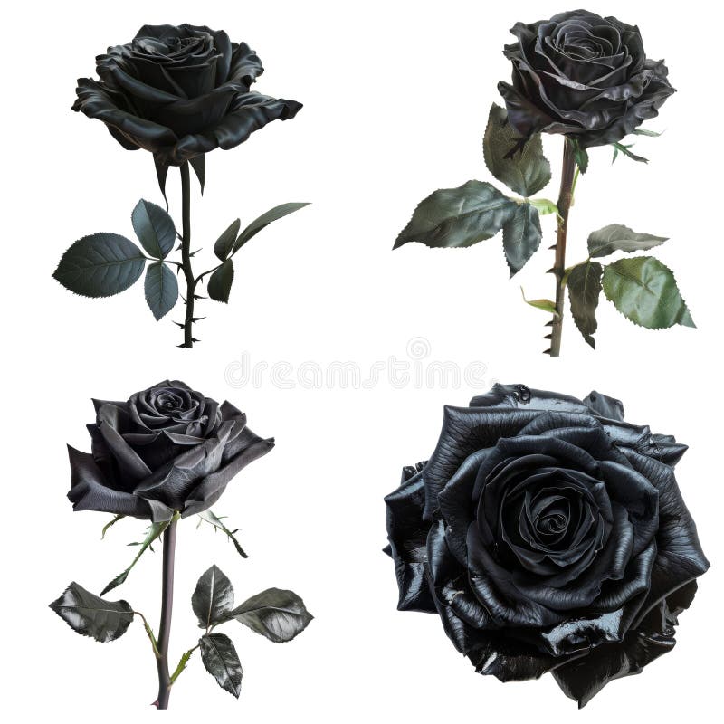 Four Black Roses with Green Leaves and Thorns Stock Photo ...