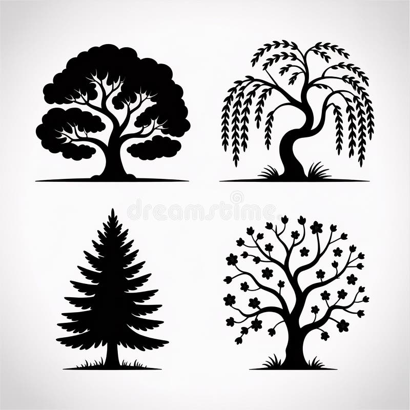 Four Black Silhouette Trees Including Willow and Pine Styles Willow ...