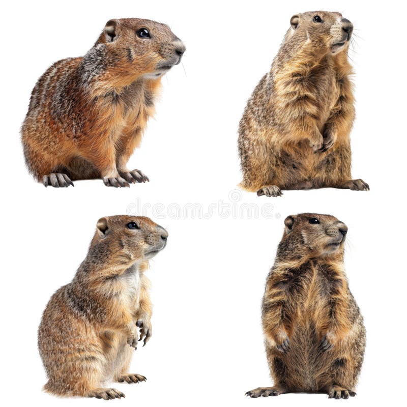 Four Black-tailed Prairie Dogs in Various Poses Against a White ...