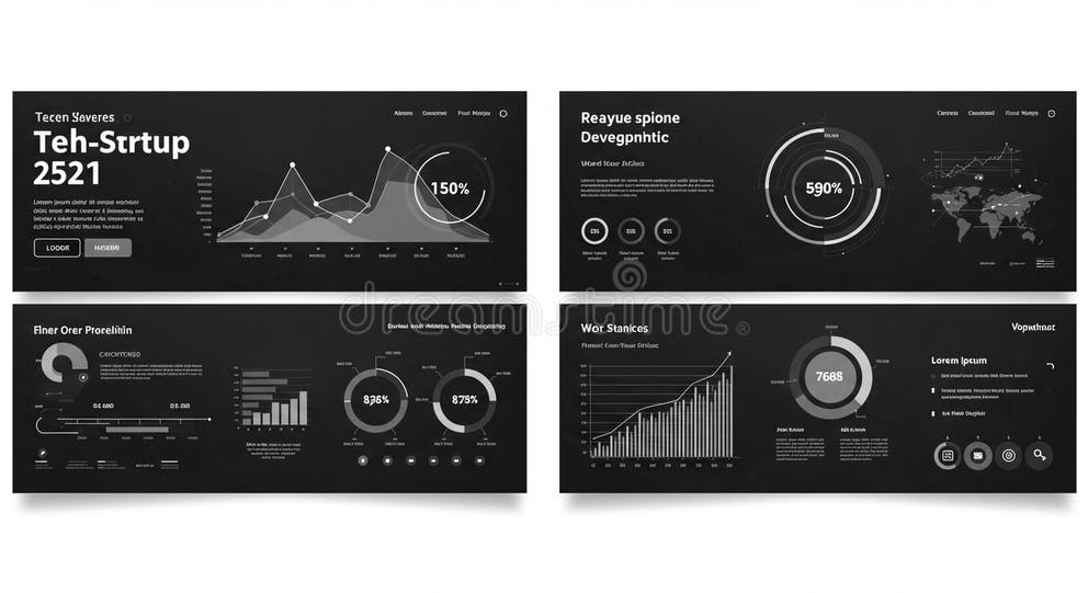 Four Black-themed Digital Interface Panels Featuring Data Visualizations. the Top Left Stock ...