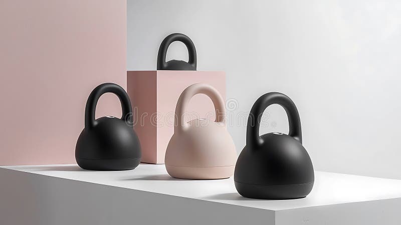 Four Black and White Kettlebells are Displayed on a White Surface Stock ...