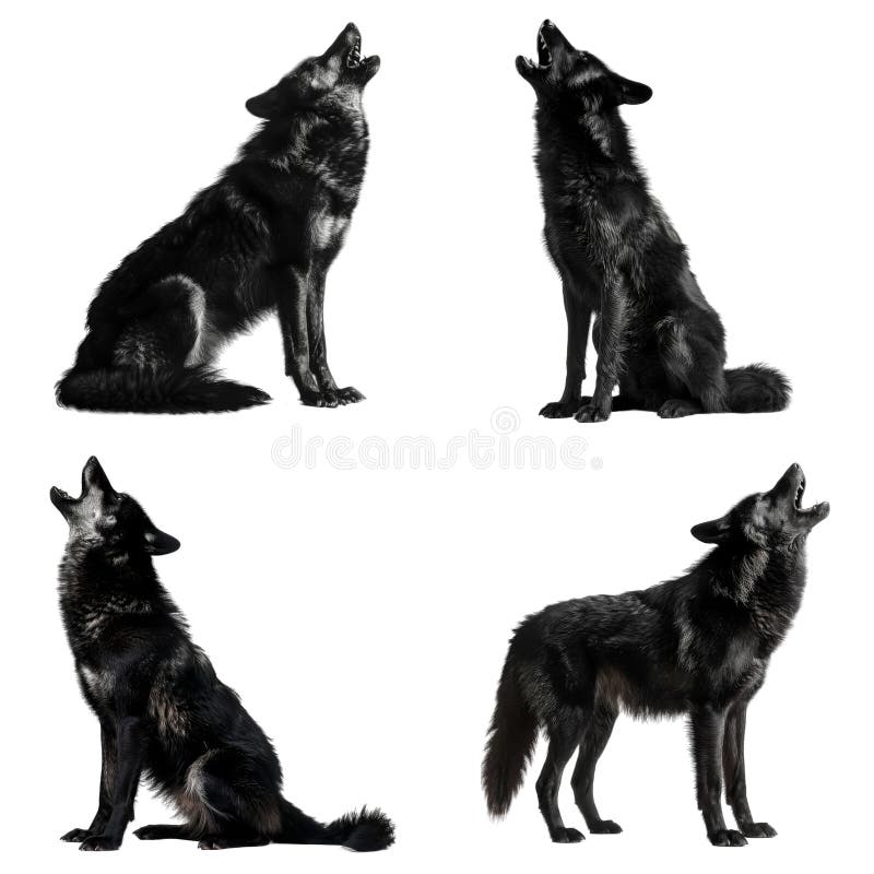 Four Black Wolves Howling at the Moon in Various Poses Stock ...