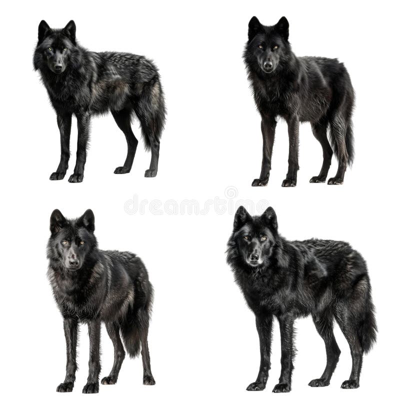 Four Black Wolves Standing in Different Poses Stock Image ...