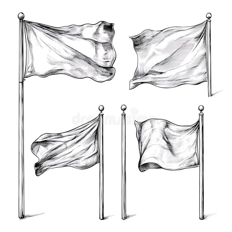Four Blank Flags Waving on Poles, Hand-drawn Sketch Stock Illustration ...