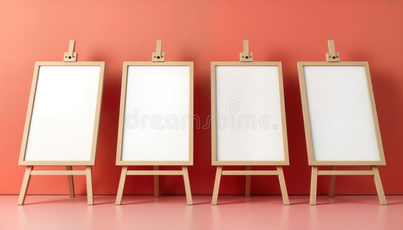 Four Blank Whiteboards Stand on Easels in Front of Coral Wall. Empty ...