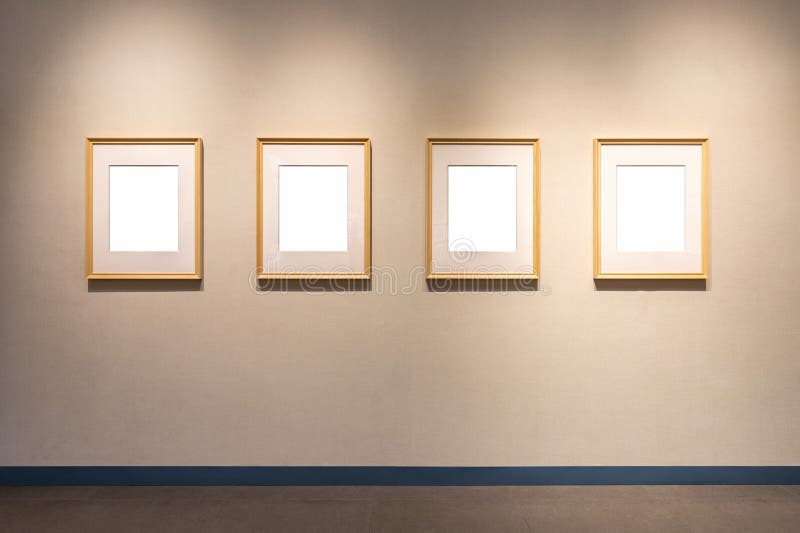 Four Blank Wooden Picture Frames on Wall Stock Photo - Image of display ...