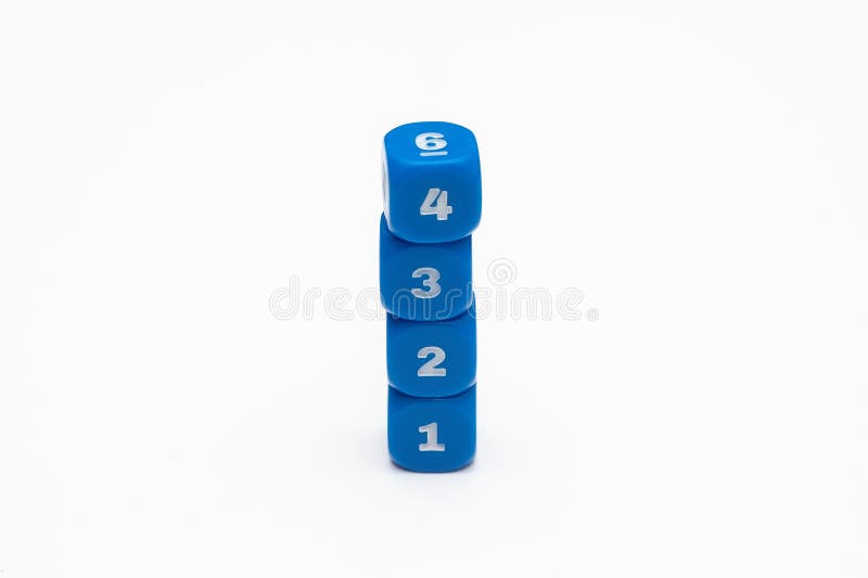 Four Blue Dice Stacked in a Tower with Numbers 1, 2, 3, and 4 Facing Camera Stock Photo - Image ...