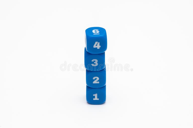 Four Blue Dice Stacked in a Tower with Numbers 1, 2, 3, and 4 Facing ...