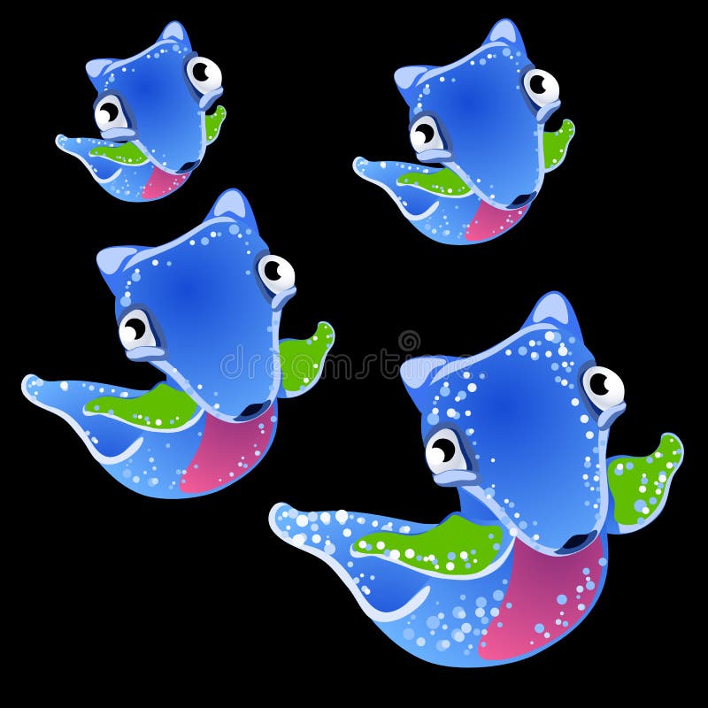 Four Blue Fictional Fish on a Black Background Stock Illustration ...