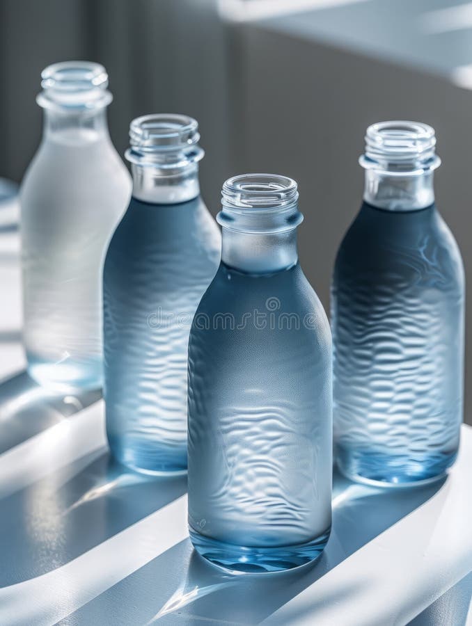 Four Blue Frosted Glass Bottles with Rippled Texture on a Surface ...