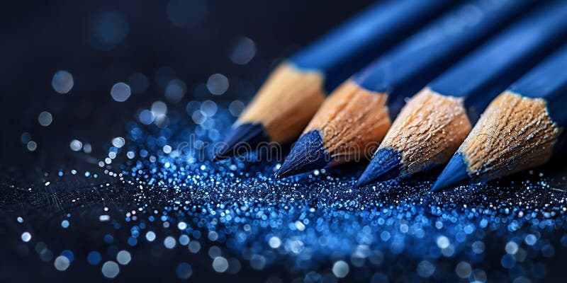 Four Blue Pencils with Sharp Tips are Arranged on a Dark Surface, by ...
