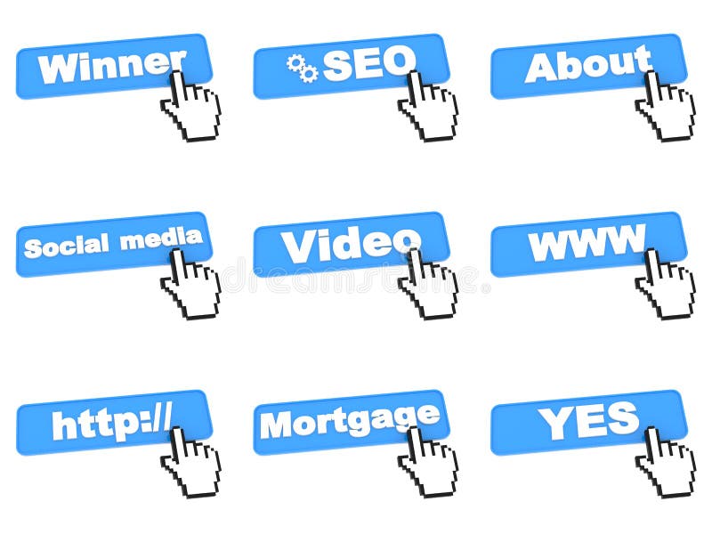 Four Blue Web Buttons with Hand Cursor Stock Illustration ...