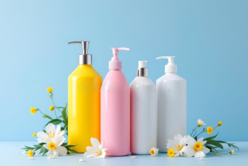Four Bottles of Different Colored Shampoo Sit on a Table with Flowers ...