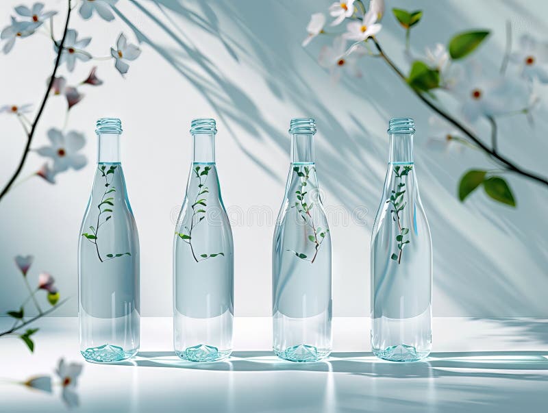 Four Bottles of Water with Flowers in Them Stock Photo - Image of ...