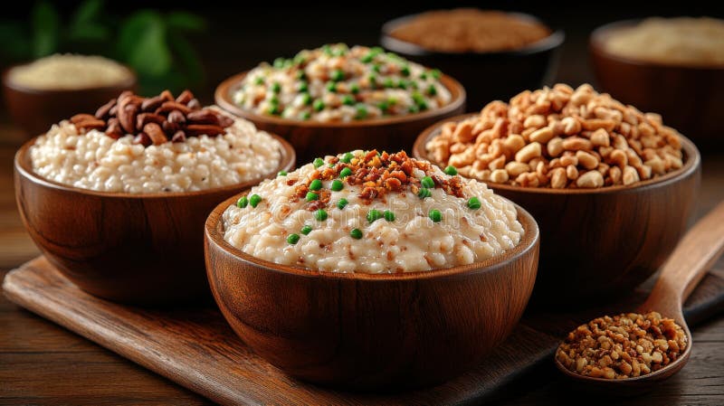 Four Bowls of Creamy Risotto with Various Toppings on Rustic Wooden ...