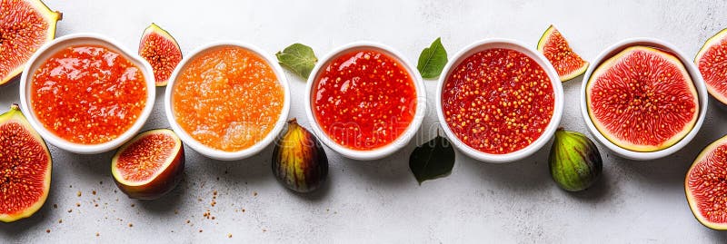 Four Bowls of Fig Jam with Fresh Figs on White Background, Top View ...