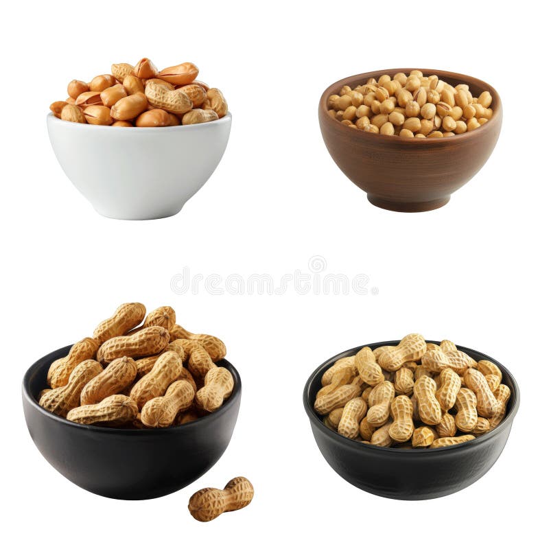 Four Bowls of Peanuts, Two White Bowls and Two Black Bowls Stock Image ...