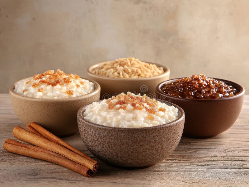 Four Bowls of Rice Pudding with Various Toppings, Showcasing Different ...