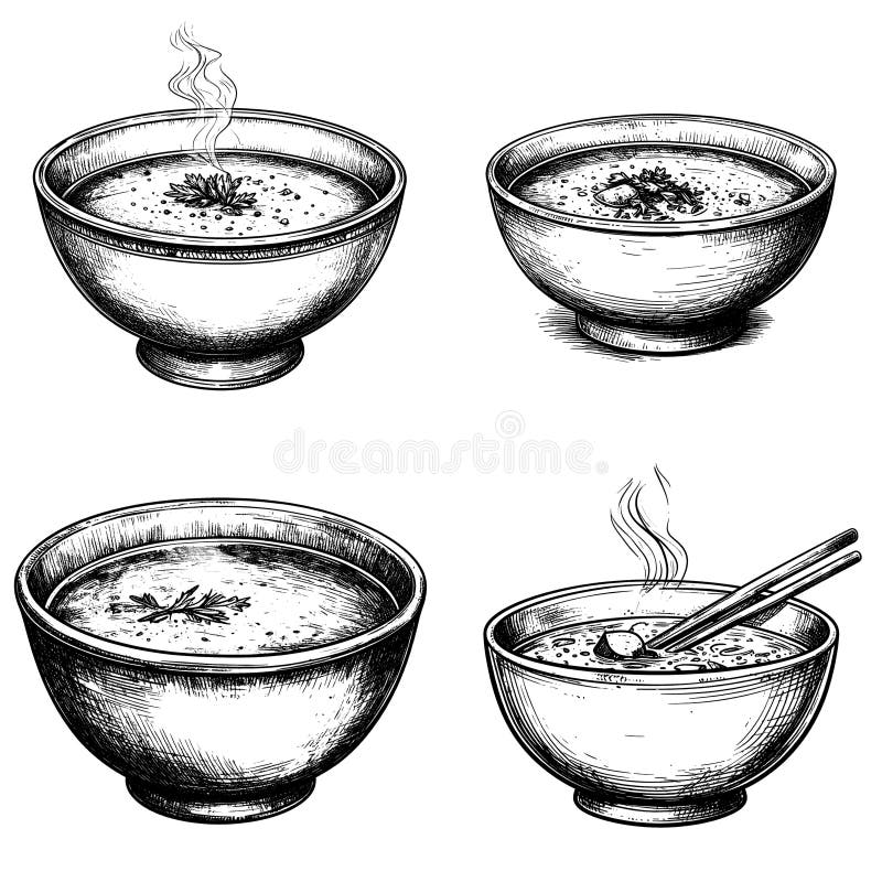 Four Bowls of Steaming Soup Illustration Stock Photo - Illustration of ...