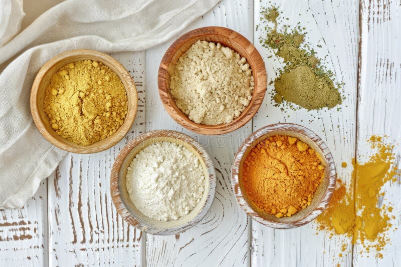 Four Bowls of Various Spices on Table Stock Photo - Image of table ...