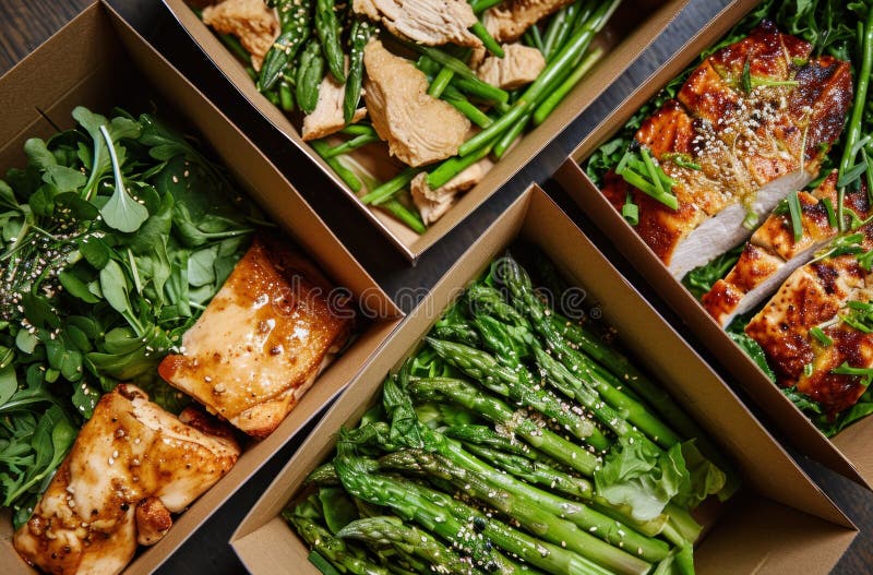 Four Boxes of Food Including Asparagus, Chicken, and Lettuce Stock ...