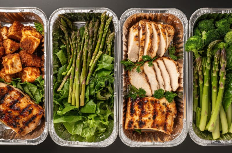 Four Boxes of Food Including Asparagus, Chicken, and Lettuce Stock ...