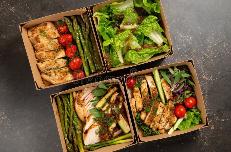 Four Boxes of Food Including Asparagus, Chicken, and Lettuce Stock ...