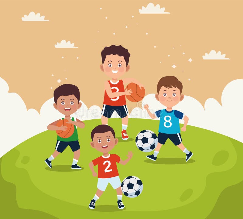 Four Boys Practicing Activities Stock Vector - Illustration of design ...