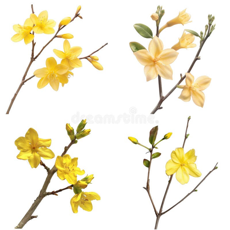 Four Branches of Yellow Flowers with Buds and Green Leaves Stock Image ...