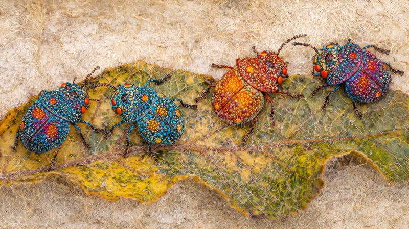 Four Brightly Colored Beetles on a Leaf Stock Illustration ...