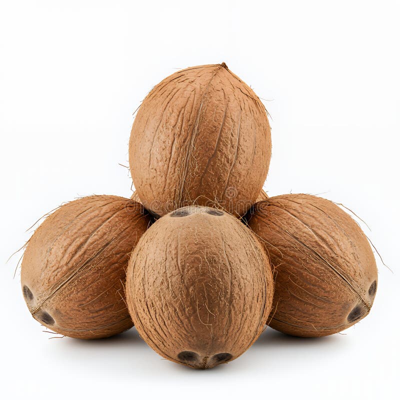 Four Brown Coconuts Arranged in a Pyramid on White Background Stock ...